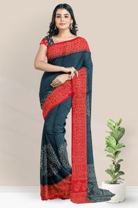 Georgette Printed Peacock Blue And Pink Saree