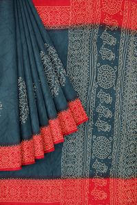 Georgette Printed Peacock Blue And Pink Saree