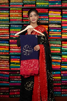 Crushed Georgette Bandini Design Dark Peacock Blue And Pink Saree