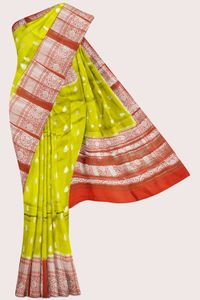 Banarasi Silk Mango Butta Light Pesara Green And Red Saree