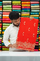 Soft Russian Crepe Silk And Flower Butti Bright Red Saree