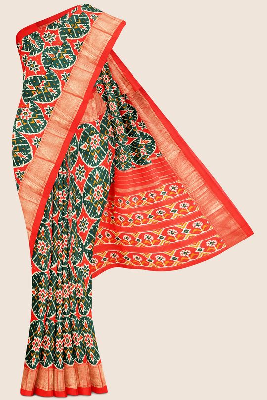 Soft Patola Silk Printed Border Green And Red Saree