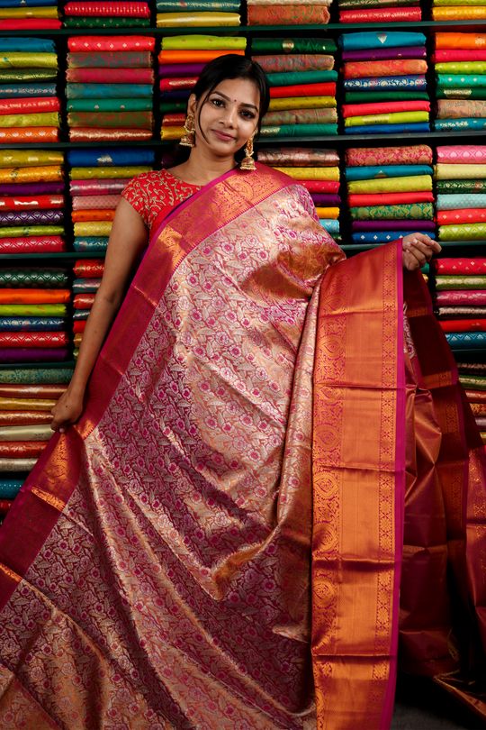 Tissue Pattu All Over Design Gold And Pink Saree