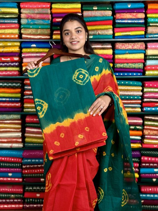 Vasundara Cotton Bandhini Print Dark Wine And Brown Saree