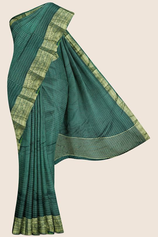Maheswari Silk Small Checks Dark Green Saree